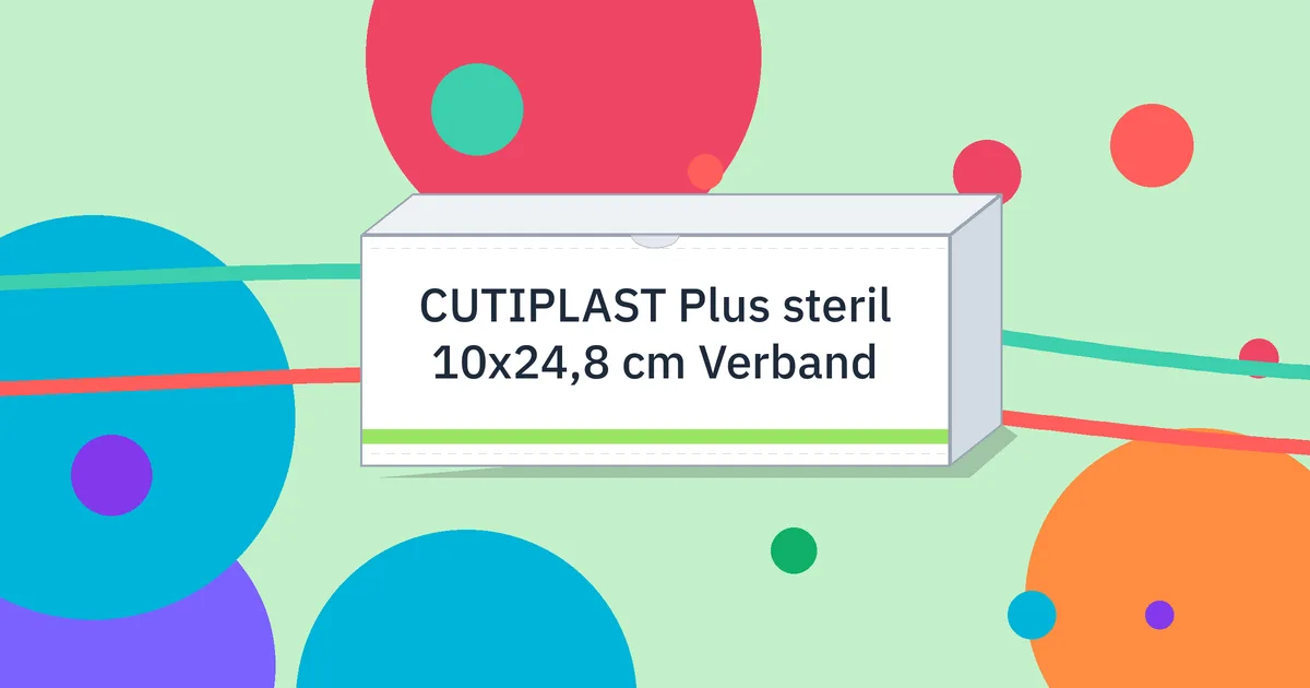 Symbolbild: Packung mit der Aufschrift CUTIPLAST Plus steril 10x24,8 cm Verband (PZN 09755697) – Verfügbarkeit und Bezug in Apotheken in Frankfurt am Main