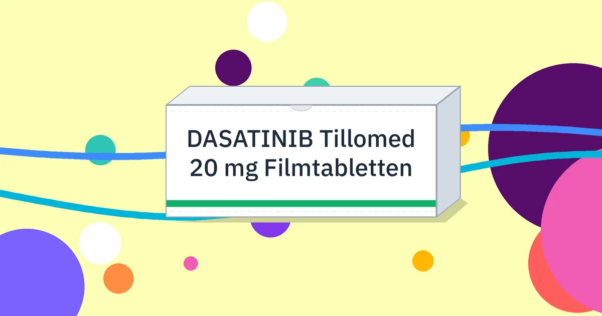 Symbolbild: Packung mit der Aufschrift DASATINIB Tillomed 20 mg Filmtabletten (PZN 16818464) – Verfügbarkeit und Bezug in Apotheken in Frankfurt am Main