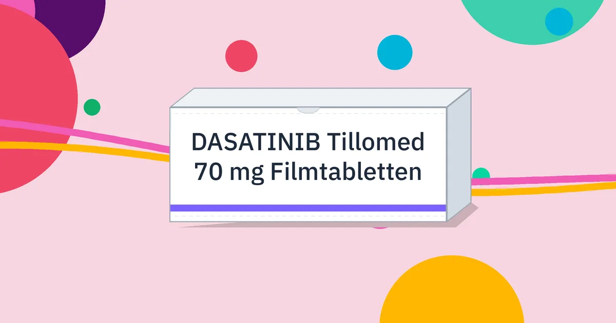 Symbolbild: Packung mit der Aufschrift DASATINIB Tillomed 70 mg Filmtabletten (PZN 16818487) – Verfügbarkeit und Bezug in Apotheken in Frankfurt am Main