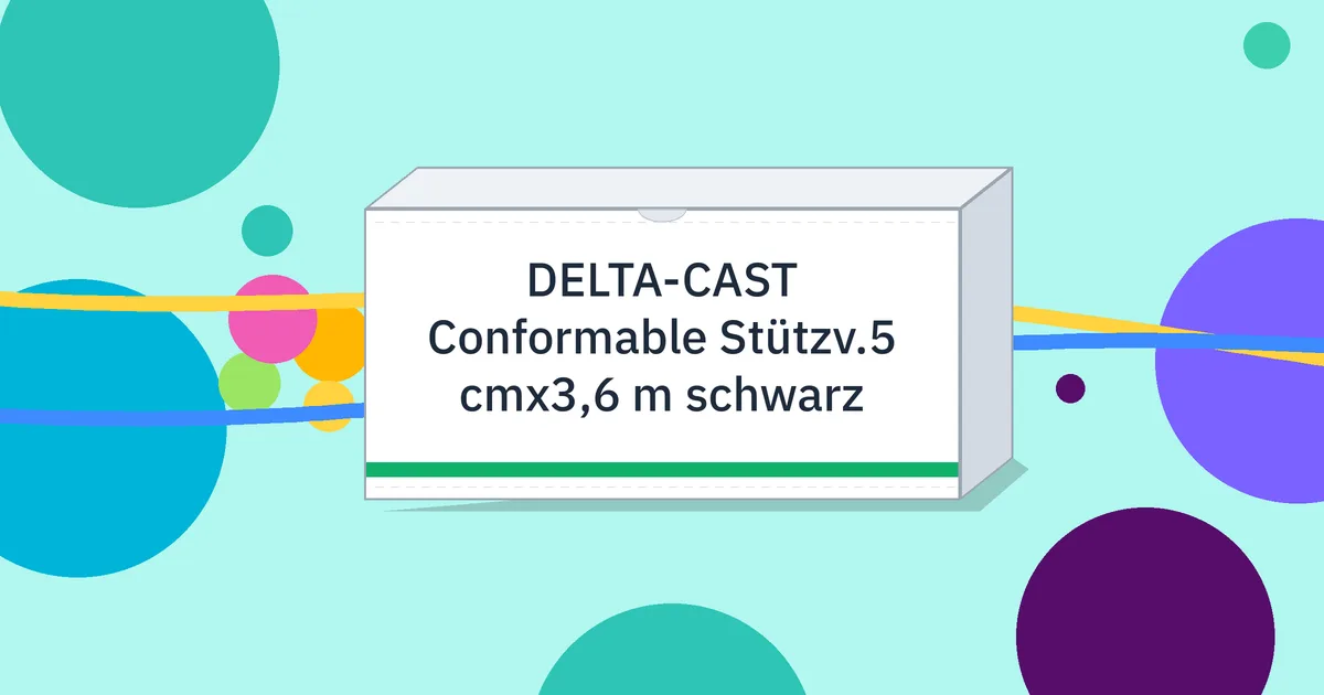 Symbolbild: Packung mit der Aufschrift DELTA-CAST Conformable Stützv.5 cmx3,6 m schwarz (PZN 02845919) – Verfügbarkeit und Bezug in Apotheken in Frankfurt am Main