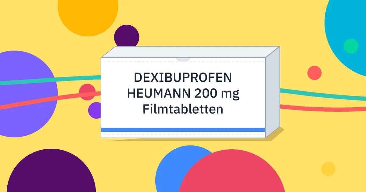 Symbolbild: Packung mit der Aufschrift DEXIBUPROFEN HEUMANN 200 mg Filmtabletten (PZN 18849150) – Verfügbarkeit und Bezug in Apotheken in Frankfurt am Main