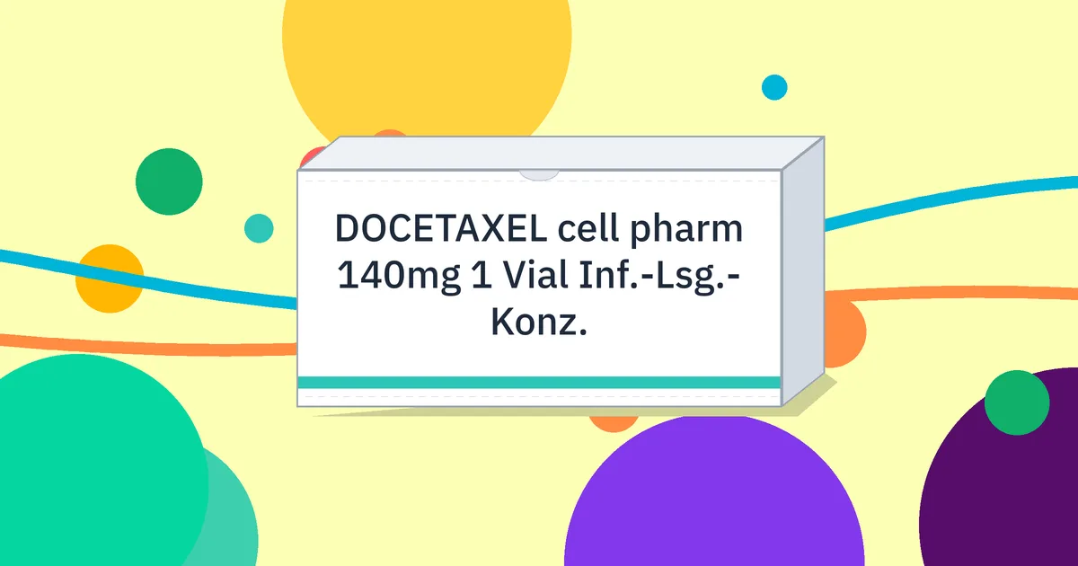 Symbolbild: Packung mit der Aufschrift DOCETAXEL cell pharm 140mg 1 Vial Inf.-Lsg.-Konz. (PZN 07417884) – Verfügbarkeit und Bezug in Apotheken in Frankfurt am Main
