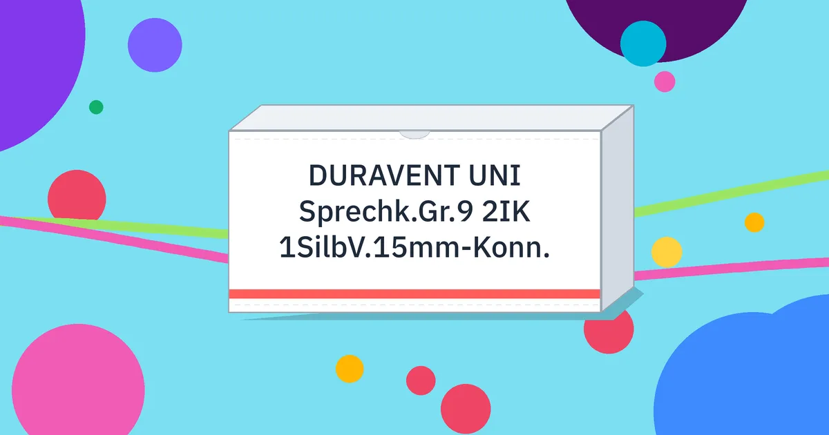 Symbolbild: Packung mit der Aufschrift DURAVENT UNI Sprechk.Gr.9 2IK 1SilbV.15mm-Konn. (PZN 02069964) – Verfügbarkeit und Bezug in Apotheken in Frankfurt am Main