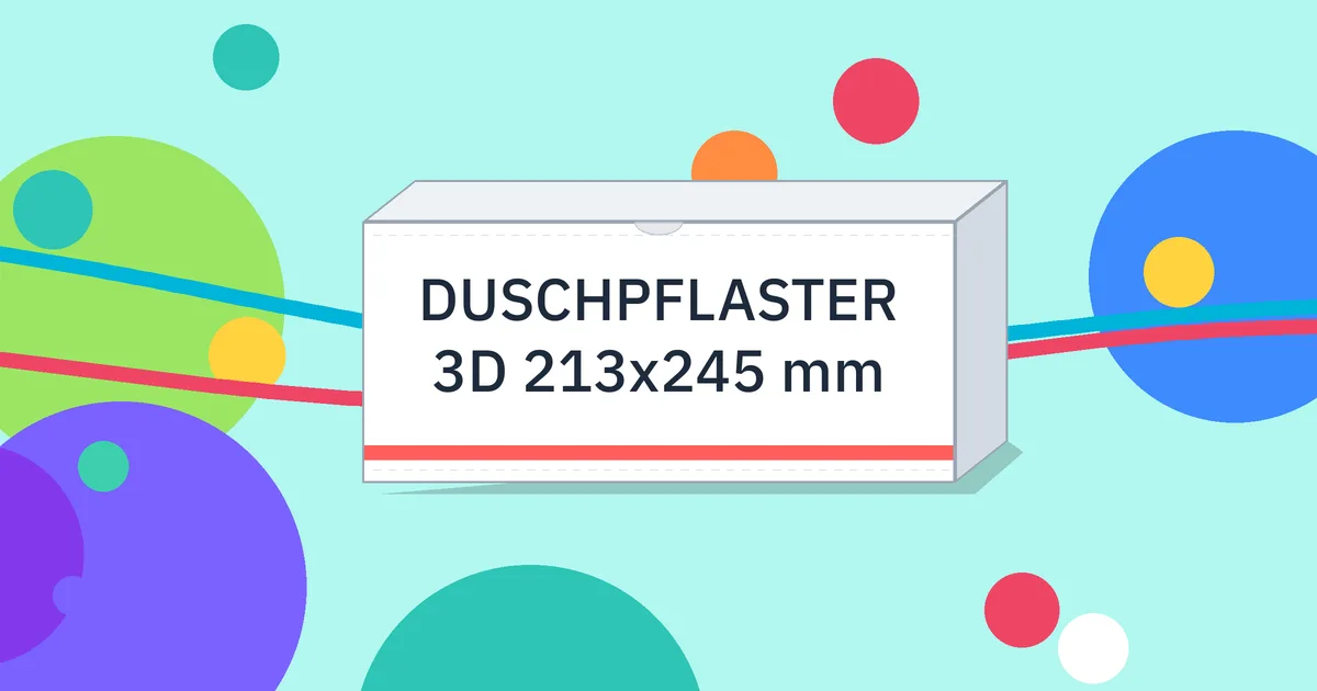 Symbolbild: Packung mit der Aufschrift DUSCHPFLASTER 3D 213x245 mm (PZN 09155218) – Verfügbarkeit und Bezug in Apotheken in Frankfurt am Main