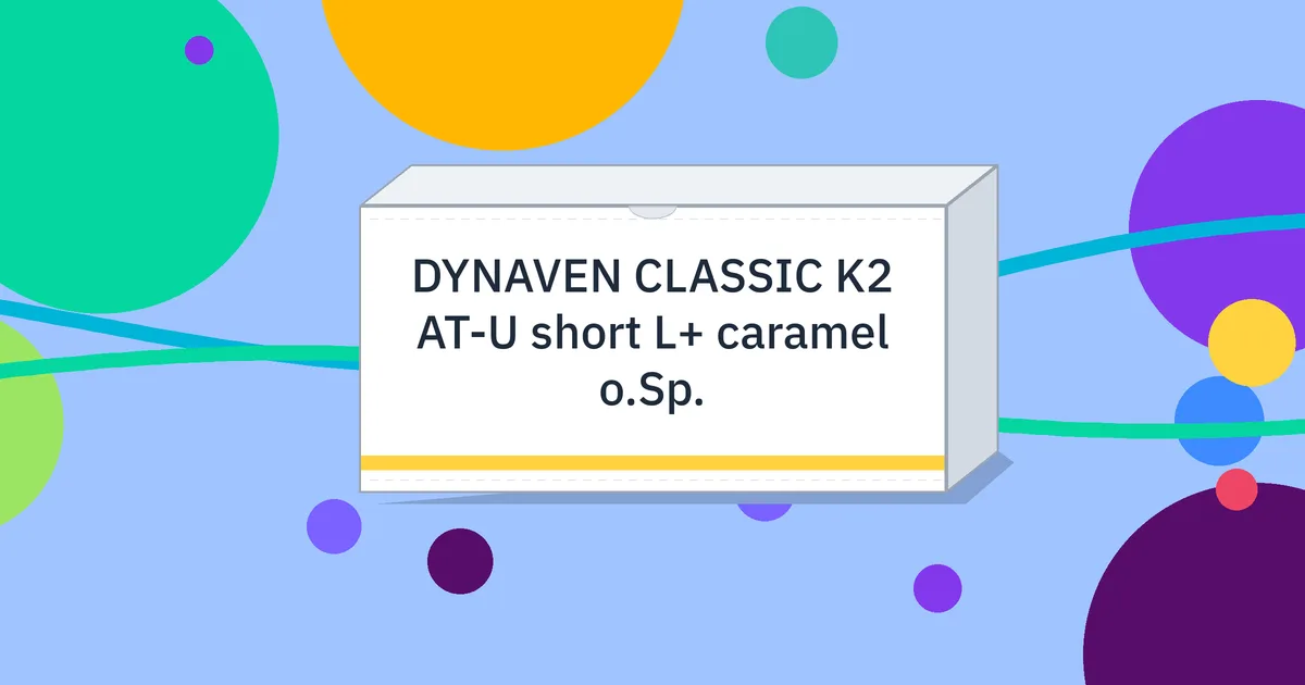 Symbolbild: Packung mit der Aufschrift DYNAVEN CLASSIC K2 AT-U short L+ caramel o.Sp. (PZN 18419722) – Verfügbarkeit und Bezug in Apotheken in Frankfurt am Main
