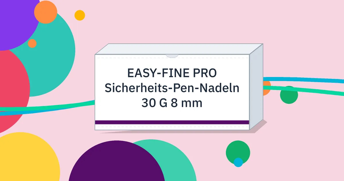 Symbolbild: Packung mit der Aufschrift EASY-FINE PRO Sicherheits-Pen-Nadeln 30 G 8 mm (PZN 17166816) – Verfügbarkeit und Bezug in Apotheken in Frankfurt am Main