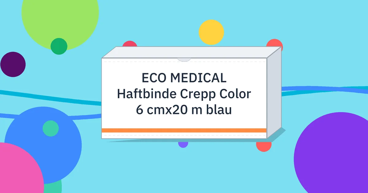 Symbolbild: Packung mit der Aufschrift ECO MEDICAL Haftbinde Crepp Color 6 cmx20 m blau (PZN 01630499) – Verfügbarkeit und Bezug in Apotheken in Frankfurt am Main