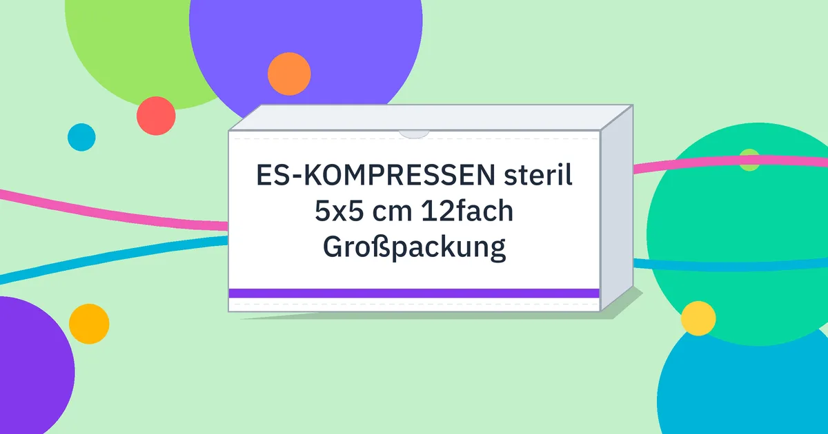 Symbolbild: Packung mit der Aufschrift ES-KOMPRESSEN steril 5x5 cm 12fach Großpackung (PZN 06453760) – Verfügbarkeit und Bezug in Apotheken in Frankfurt am Main