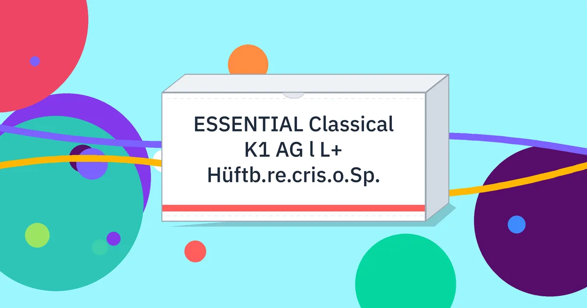 Symbolbild: Packung mit der Aufschrift ESSENTIAL Classical K1 AG l L+ Hüftb.re.cris.o.Sp. (PZN 17012378) – Verfügbarkeit und Bezug in Apotheken in Frankfurt am Main