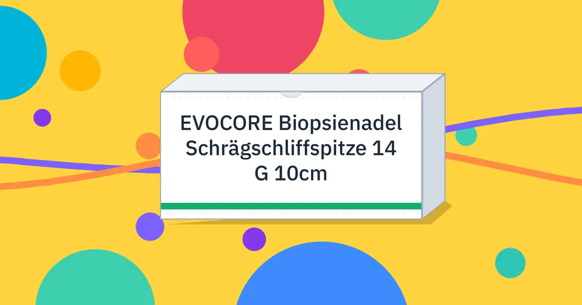 Symbolbild: Packung mit der Aufschrift EVOCORE Biopsienadel Schrägschliffspitze 14 G 10cm (PZN 11655164) – Verfügbarkeit und Bezug in Apotheken in Frankfurt am Main