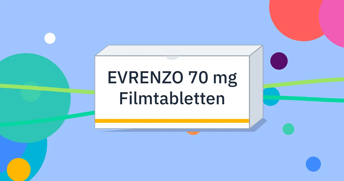 Symbolbild: Packung mit der Aufschrift EVRENZO 70 mg Filmtabletten (PZN 19781879) – Verfügbarkeit und Bezug in Apotheken in Frankfurt am Main