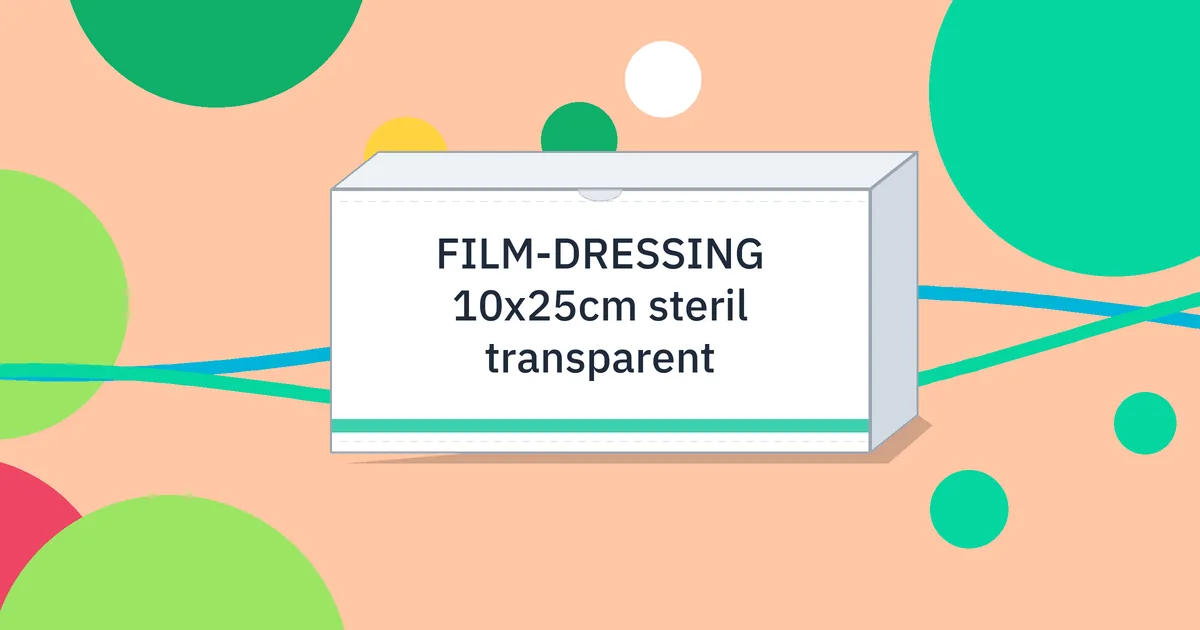 Symbolbild: Packung mit der Aufschrift FILM-DRESSING 10x25cm steril transparent (PZN 20010555) – Verfügbarkeit und Bezug in Apotheken in Frankfurt am Main