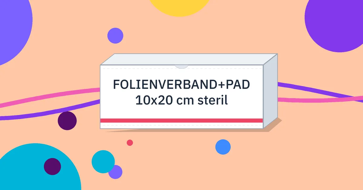 Symbolbild: Packung mit der Aufschrift FOLIENVERBAND+PAD 10x20 cm steril (PZN 17558812) – Verfügbarkeit und Bezug in Apotheken in Frankfurt am Main