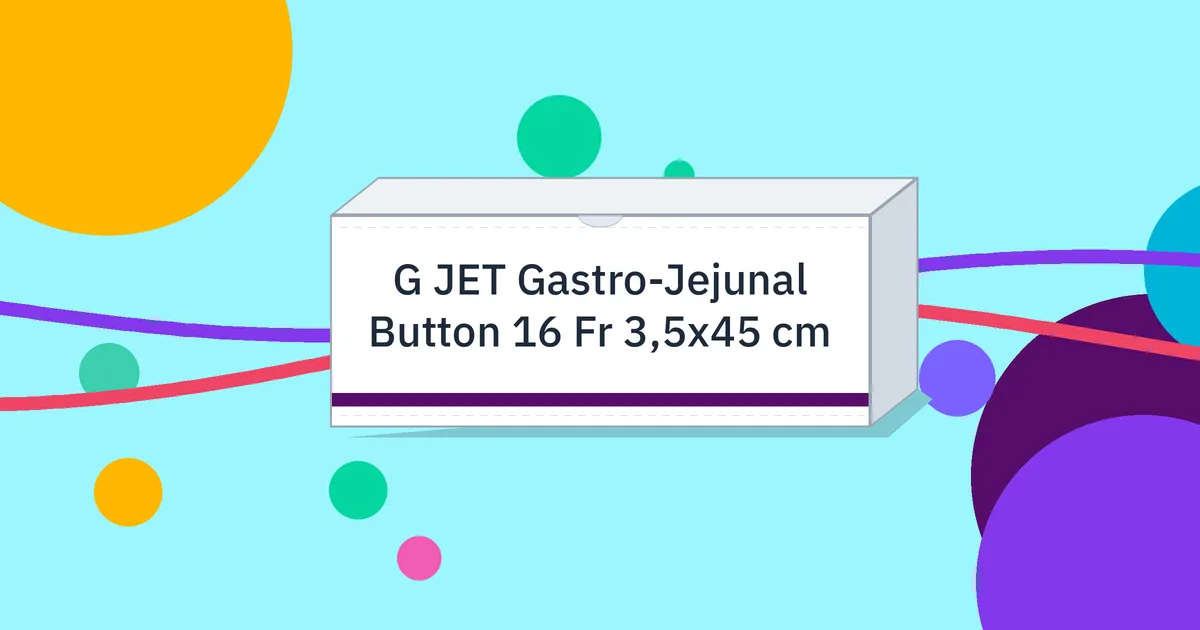Symbolbild: Packung mit der Aufschrift G JET Gastro-Jejunal Button 16 Fr 3,5x45 cm (PZN 14346995) – Verfügbarkeit und Bezug in Apotheken in Frankfurt am Main