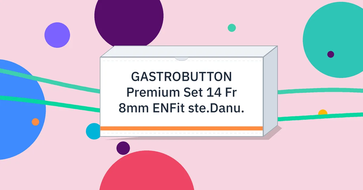 Symbolbild: Packung mit der Aufschrift GASTROBUTTON Premium Set 14 Fr 8mm ENFit ste.Danu. (PZN 16883378) – Verfügbarkeit und Bezug in Apotheken in Frankfurt am Main