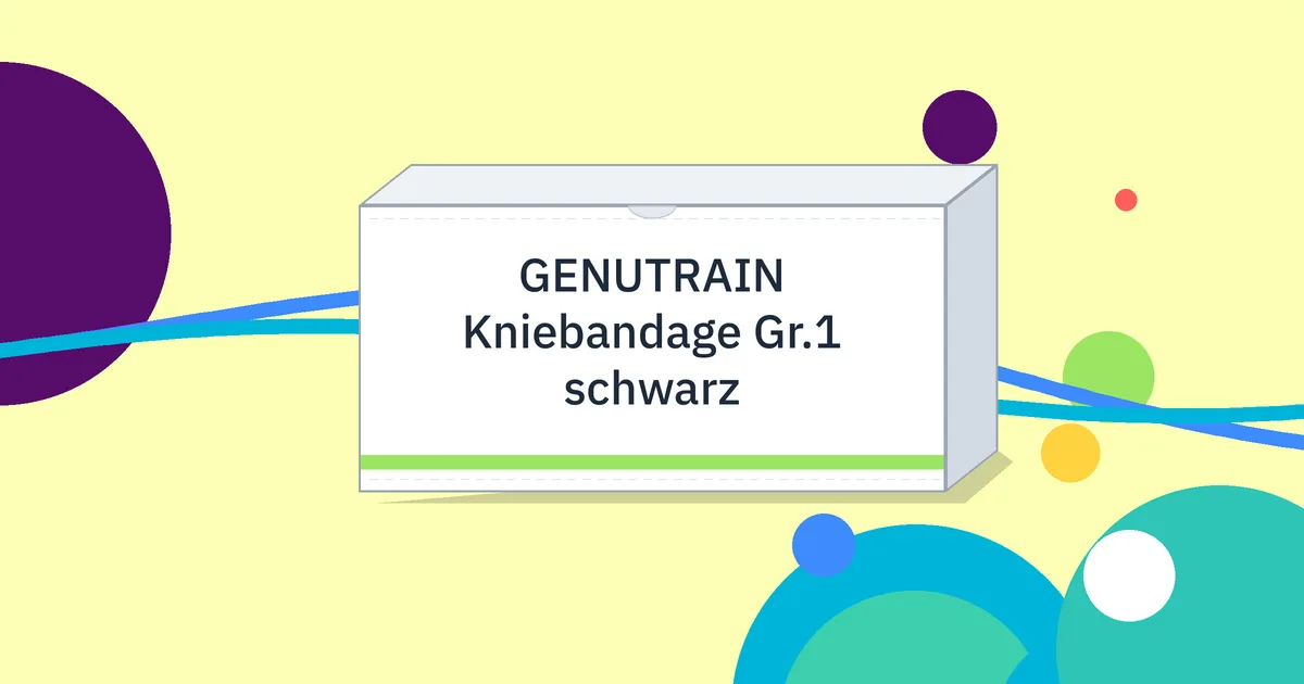 Symbolbild: Packung mit der Aufschrift GENUTRAIN Kniebandage Gr.1 schwarz (PZN 07551476) – Verfügbarkeit und Bezug in Apotheken in Frankfurt am Main