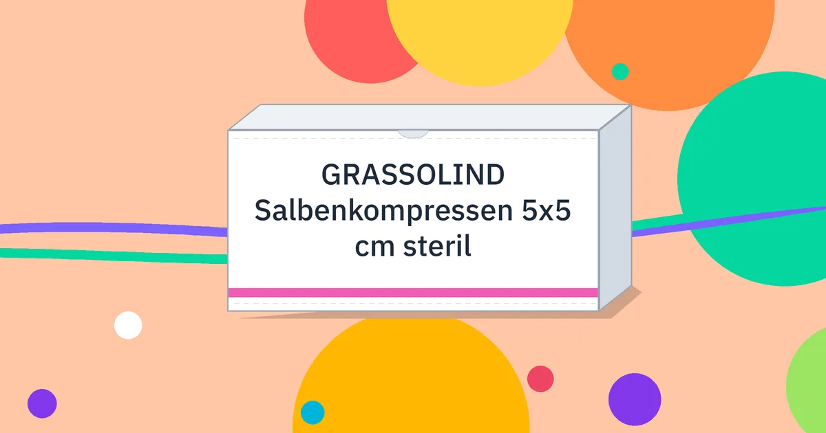 Symbolbild: Packung mit der Aufschrift GRASSOLIND Salbenkompressen 5x5 cm steril (PZN 18715840) – Verfügbarkeit und Bezug in Apotheken in Frankfurt am Main