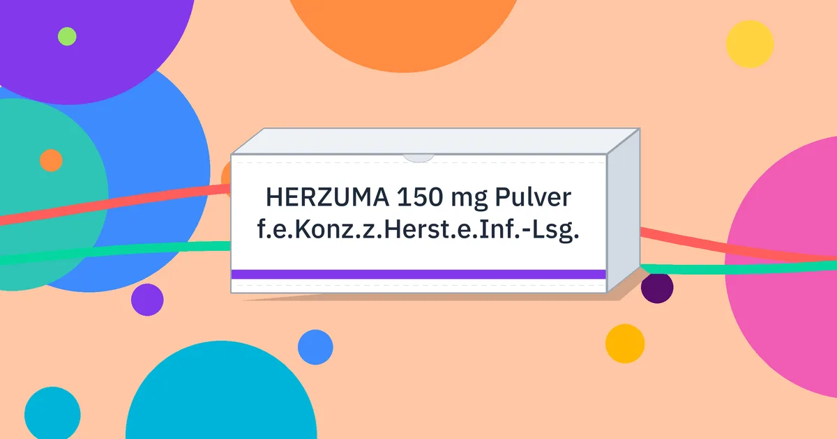 Symbolbild: Packung mit der Aufschrift HERZUMA 150 mg Pulver f.e.Konz.z.Herst.e.Inf.-Lsg. (PZN 18194217) – Verfügbarkeit und Bezug in Apotheken in Frankfurt am Main