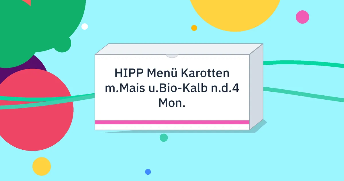 Symbolbild: Packung mit der Aufschrift HIPP Menü Karotten m.Mais u.Bio-Kalb n.d.4 Mon. (PZN 04399571) – Verfügbarkeit und Bezug in Apotheken in Frankfurt am Main