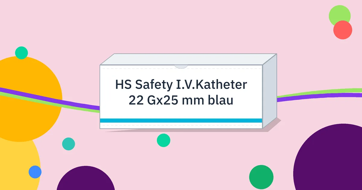 Symbolbild: Packung mit der Aufschrift HS Safety I.V.Katheter 22 Gx25 mm blau (PZN 20414413) – Verfügbarkeit und Bezug in Apotheken in Frankfurt am Main