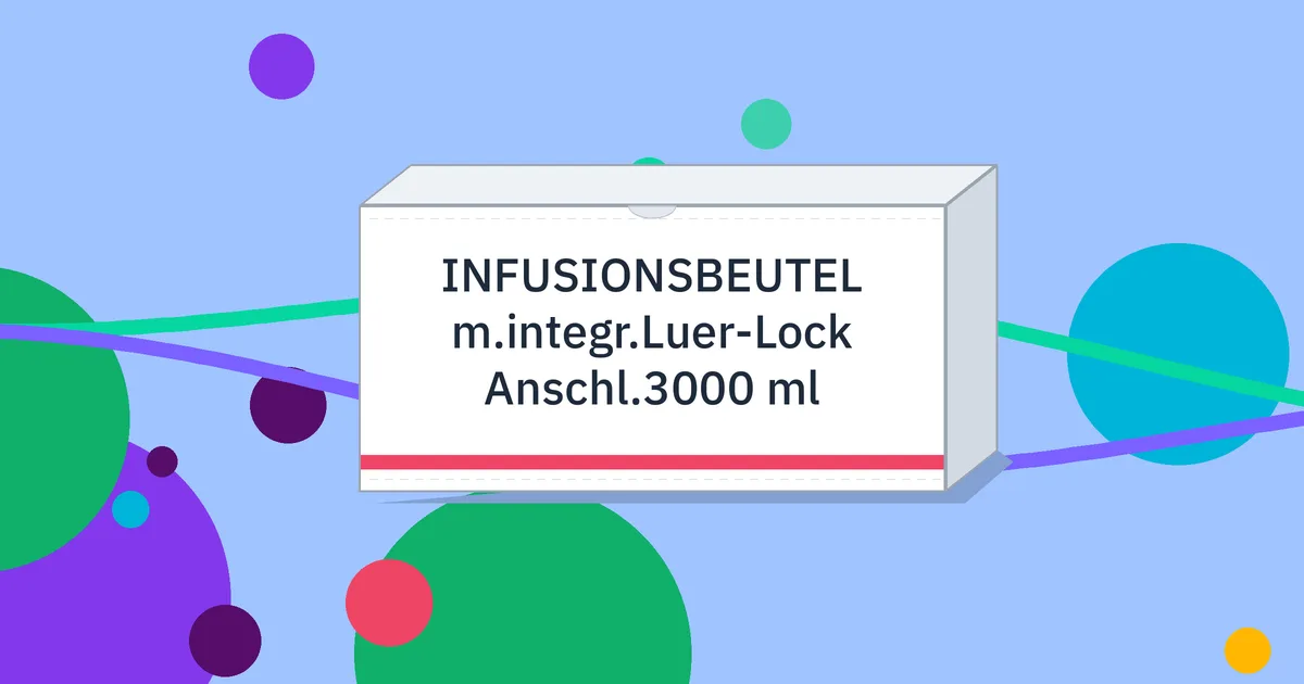 Symbolbild: Packung mit der Aufschrift INFUSIONSBEUTEL m.integr.Luer-Lock Anschl.3000 ml (PZN 07288524) – Verfügbarkeit und Bezug in Apotheken in Frankfurt am Main