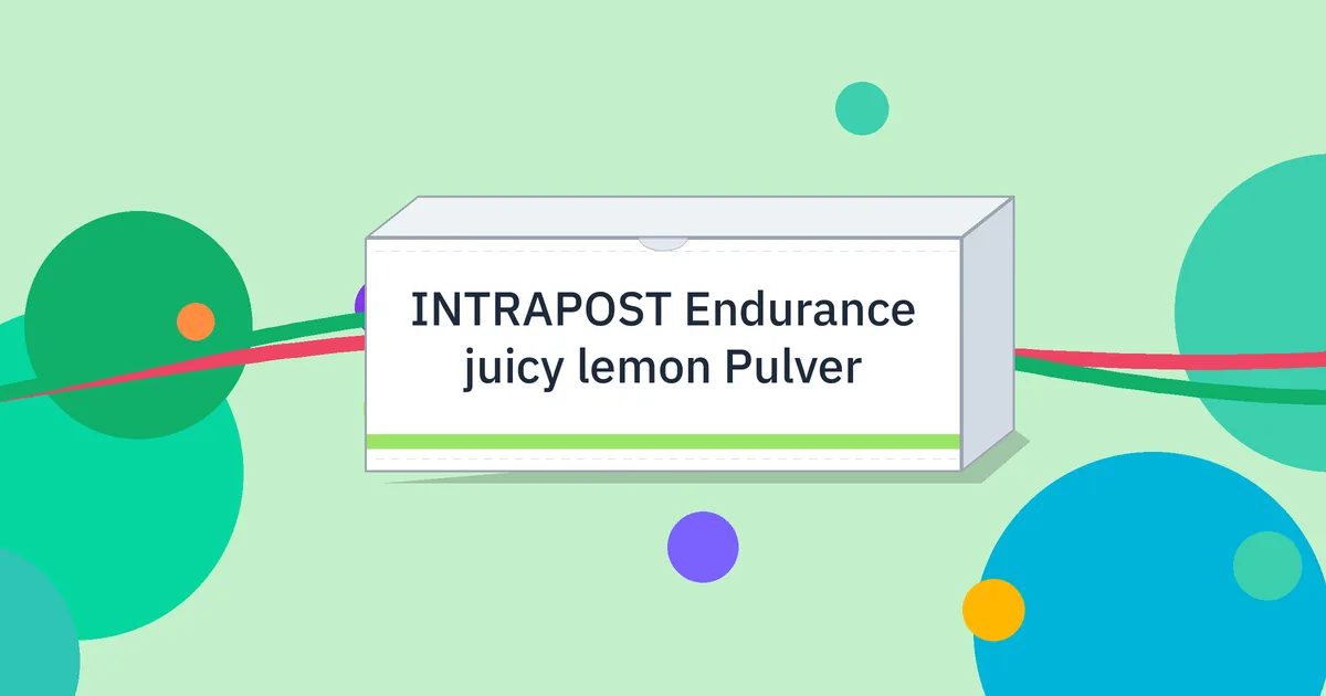 Symbolbild: Packung mit der Aufschrift INTRAPOST Endurance juicy lemon Pulver (PZN 18767802) – Verfügbarkeit und Bezug in Apotheken in Frankfurt am Main