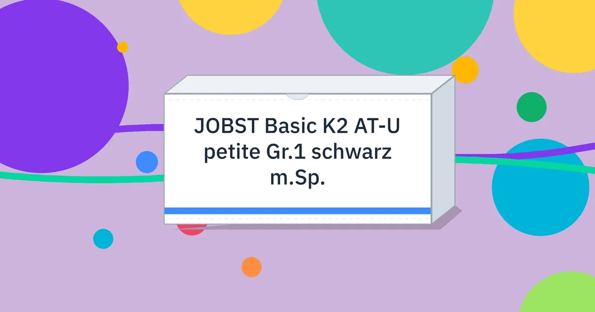 Symbolbild: Packung mit der Aufschrift JOBST Basic K2 AT-U petite Gr.1 schwarz m.Sp. (PZN 15311970) – Verfügbarkeit und Bezug in Apotheken in Frankfurt am Main