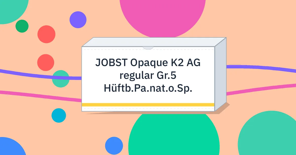 Symbolbild: Packung mit der Aufschrift JOBST Opaque K2 AG regular Gr.5 Hüftb.Pa.nat.o.Sp. (PZN 13116980) – Verfügbarkeit und Bezug in Apotheken in Frankfurt am Main