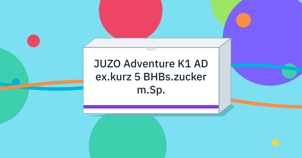 Symbolbild: Packung mit der Aufschrift JUZO Adventure K1 AD ex.kurz 5 BHBs.zucker m.Sp. (PZN 16343110) – Verfügbarkeit und Bezug in Apotheken in Frankfurt am Main
