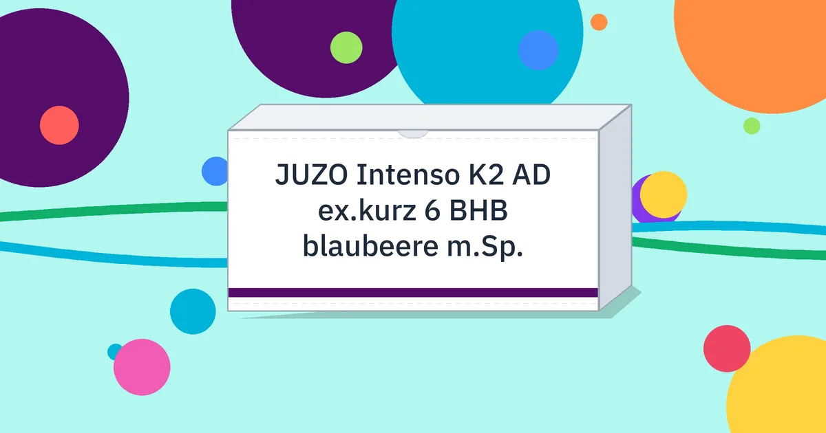 Symbolbild: Packung mit der Aufschrift JUZO Intenso K2 AD ex.kurz 6 BHB blaubeere m.Sp. (PZN 18615216) – Verfügbarkeit und Bezug in Apotheken in Frankfurt am Main