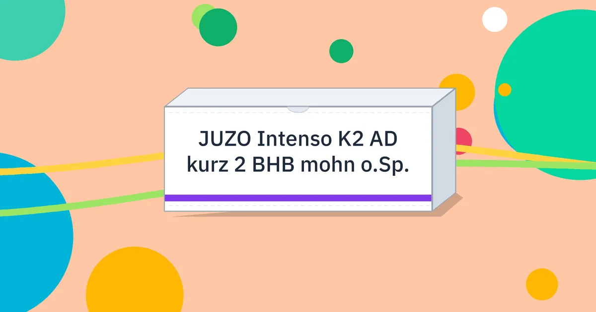 Symbolbild: Packung mit der Aufschrift JUZO Intenso K2 AD kurz 2 BHB mohn o.Sp. (PZN 18625249) – Verfügbarkeit und Bezug in Apotheken in Frankfurt am Main
