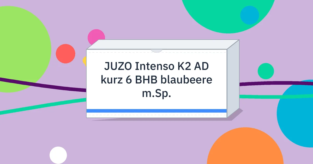 Symbolbild: Packung mit der Aufschrift JUZO Intenso K2 AD kurz 6 BHB blaubeere m.Sp. (PZN 18614582) – Verfügbarkeit und Bezug in Apotheken in Frankfurt am Main