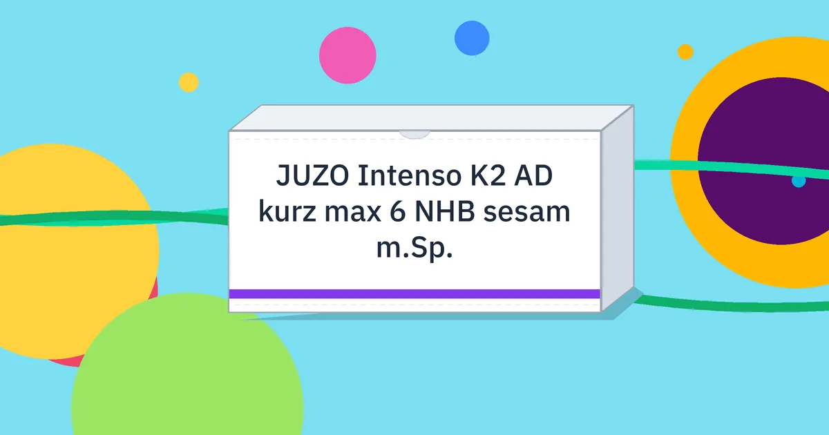 Symbolbild: Packung mit der Aufschrift JUZO Intenso K2 AD kurz max 6 NHB sesam m.Sp. (PZN 18612198) – Verfügbarkeit und Bezug in Apotheken in Frankfurt am Main