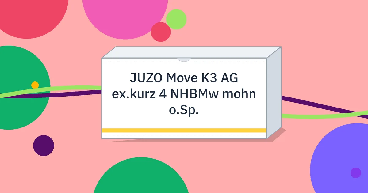 Symbolbild: Packung mit der Aufschrift JUZO Move K3 AG ex.kurz 4 NHBMw mohn o.Sp. (PZN 18596772) – Verfügbarkeit und Bezug in Apotheken in Frankfurt am Main