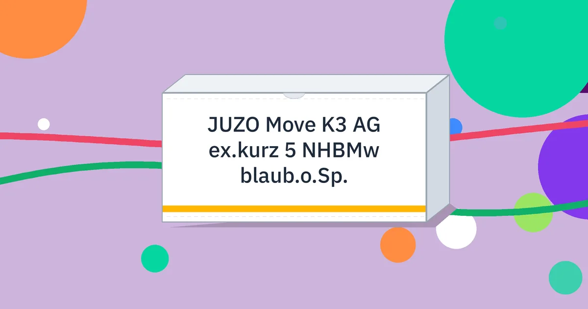 Symbolbild: Packung mit der Aufschrift JUZO Move K3 AG ex.kurz 5 NHBMw blaub.o.Sp. (PZN 18596714) – Verfügbarkeit und Bezug in Apotheken in Frankfurt am Main