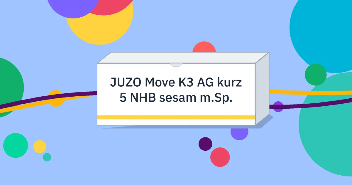 Symbolbild: Packung mit der Aufschrift JUZO Move K3 AG kurz 5 NHB sesam m.Sp. (PZN 18579236) – Verfügbarkeit und Bezug in Apotheken in Frankfurt am Main