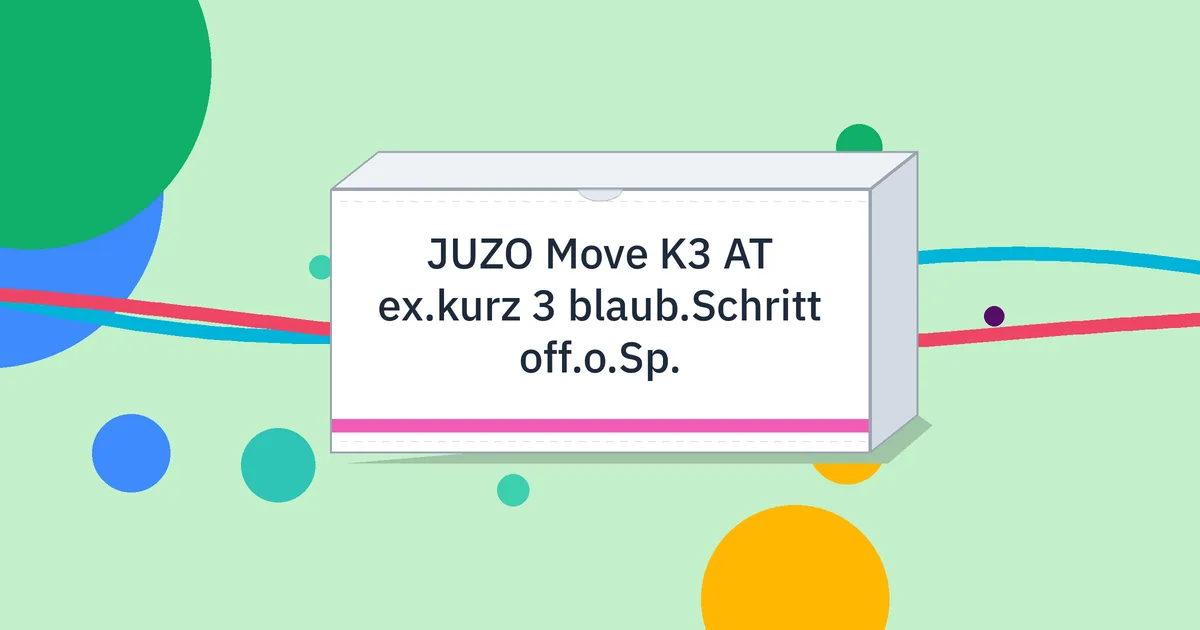 Symbolbild: Packung mit der Aufschrift JUZO Move K3 AT ex.kurz 3 blaub.Schritt off.o.Sp. (PZN 20682148) – Verfügbarkeit und Bezug in Apotheken in Frankfurt am Main