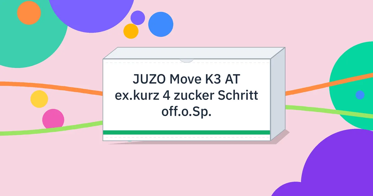 Symbolbild: Packung mit der Aufschrift JUZO Move K3 AT ex.kurz 4 zucker Schritt off.o.Sp. (PZN 20681841) – Verfügbarkeit und Bezug in Apotheken in Frankfurt am Main