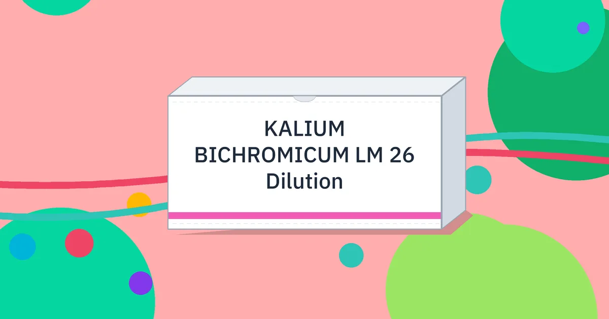 Symbolbild: Packung mit der Aufschrift KALIUM BICHROMICUM LM 26 Dilution (PZN 12917614) – Verfügbarkeit und Bezug in Apotheken in Frankfurt am Main