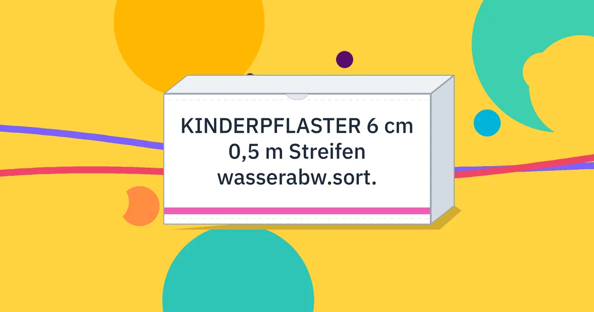 Symbolbild: Packung mit der Aufschrift KINDERPFLASTER 6 cm 0,5 m Streifen wasserabw.sort. (PZN 16618529) – Verfügbarkeit und Bezug in Apotheken in Frankfurt am Main