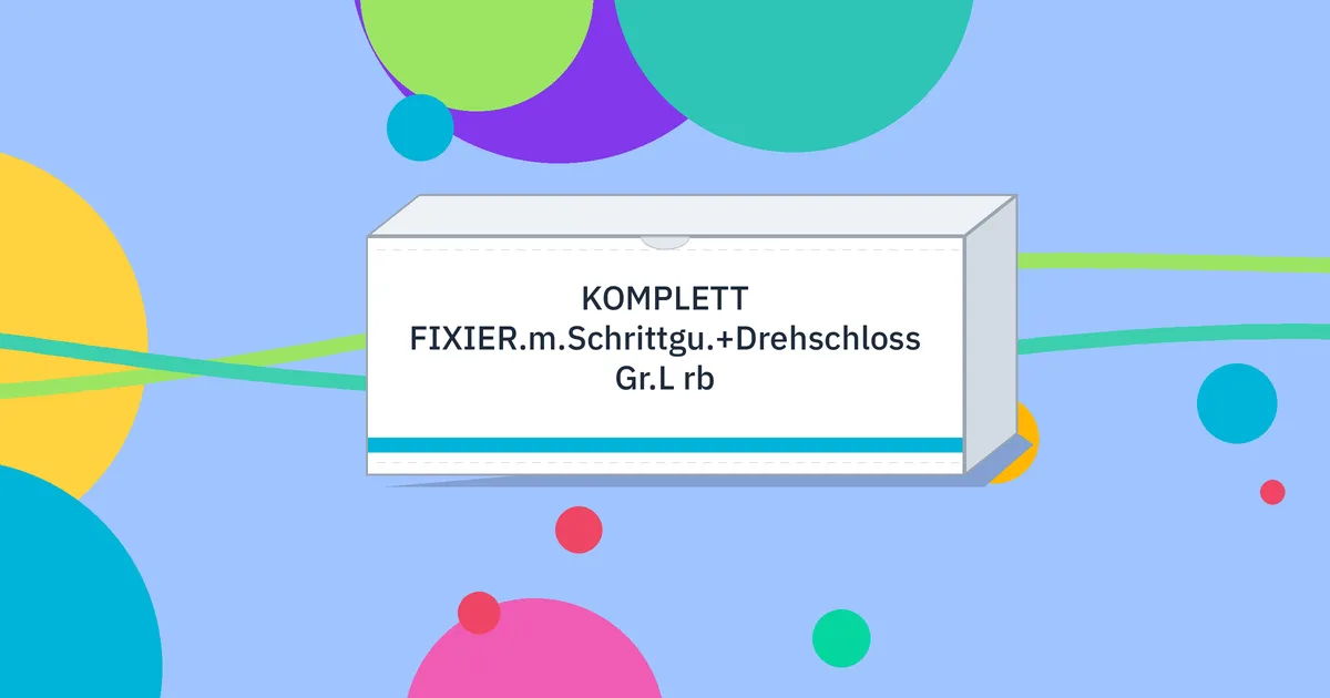 Symbolbild: Packung mit der Aufschrift KOMPLETT FIXIER.m.Schrittgu.+Drehschloss Gr.L rb (PZN 11573331) – Verfügbarkeit und Bezug in Apotheken in Frankfurt am Main