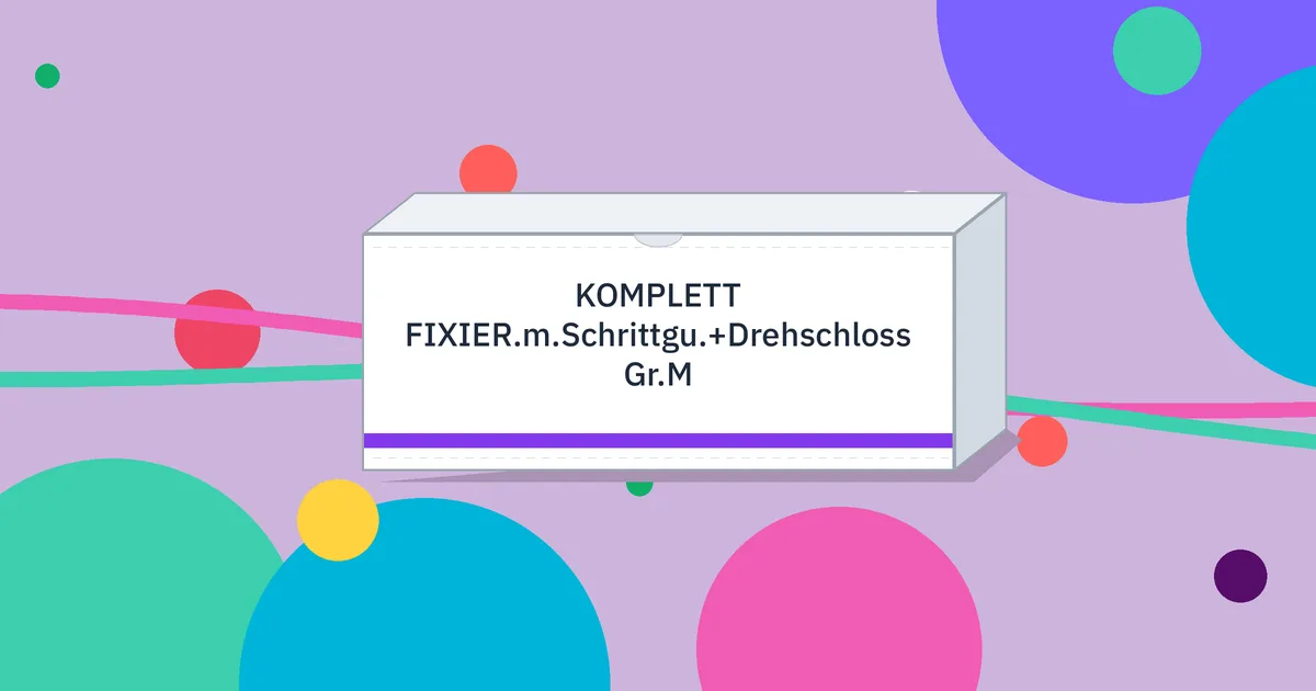 Symbolbild: Packung mit der Aufschrift KOMPLETT FIXIER.m.Schrittgu.+Drehschloss Gr.M (PZN 11573153) – Verfügbarkeit und Bezug in Apotheken in Frankfurt am Main