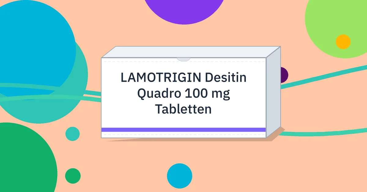 Symbolbild: Packung mit der Aufschrift LAMOTRIGIN Desitin Quadro 100 mg Tabletten (PZN 03806330) – Verfügbarkeit und Bezug in Apotheken in Frankfurt am Main