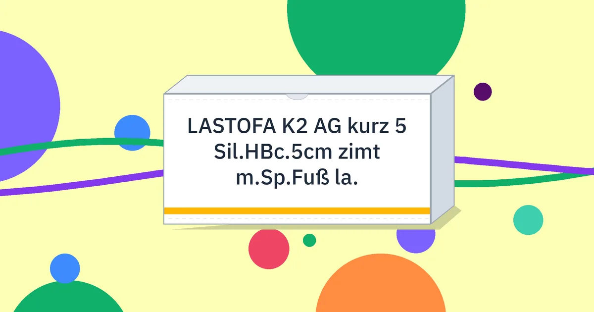 Symbolbild: Packung mit der Aufschrift LASTOFA K2 AG kurz 5 Sil.HBc.5cm zimt m.Sp.Fuß la. (PZN 13806348) – Verfügbarkeit und Bezug in Apotheken in Frankfurt am Main