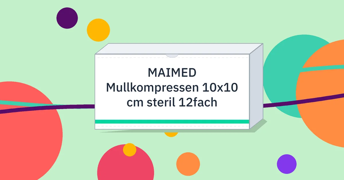 Symbolbild: Packung mit der Aufschrift MAIMED Mullkompressen 10x10 cm steril 12fach (PZN 20055368) – Verfügbarkeit und Bezug in Apotheken in Frankfurt am Main