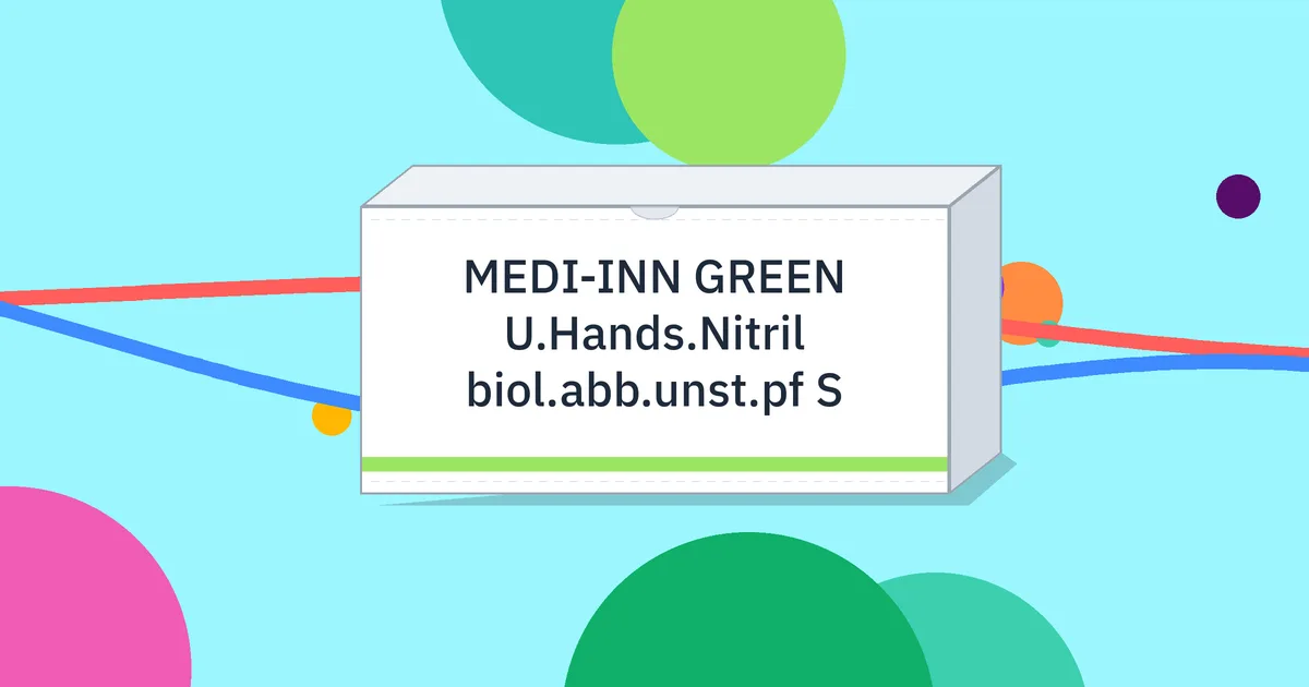 Symbolbild: Packung mit der Aufschrift MEDI-INN GREEN U.Hands.Nitril biol.abb.unst.pf S (PZN 19626771) – Verfügbarkeit und Bezug in Apotheken in Frankfurt am Main
