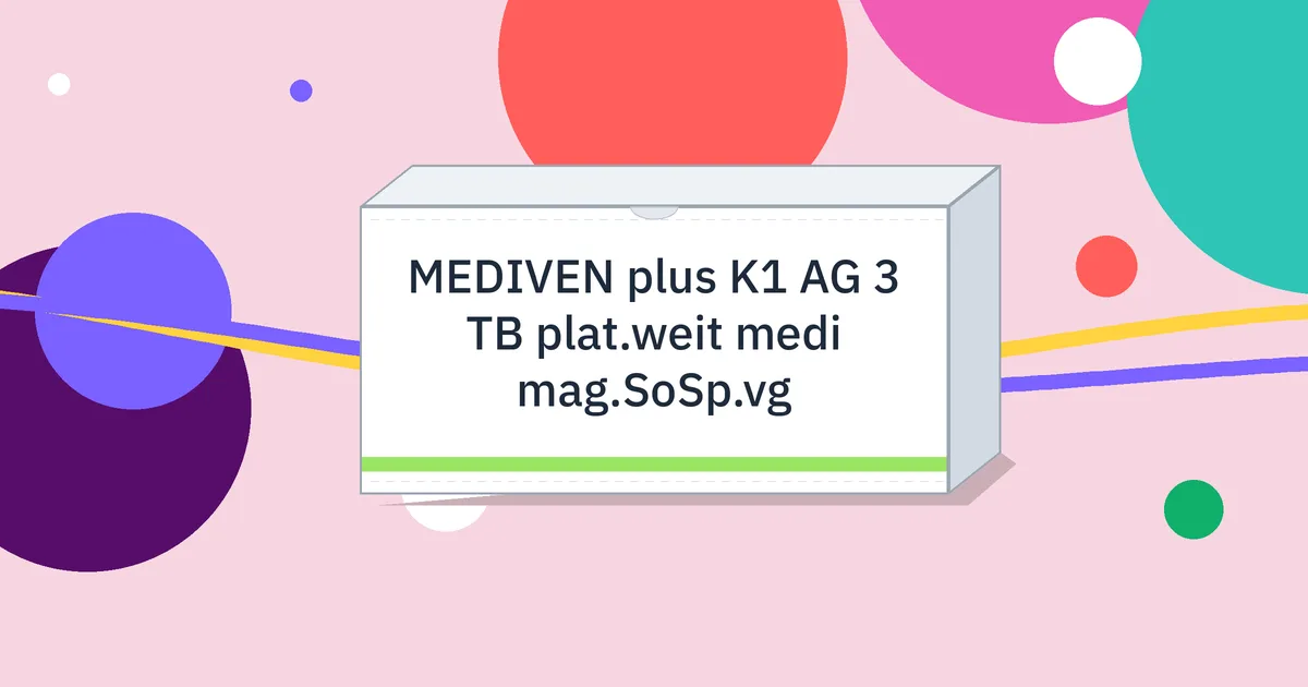 Symbolbild: Packung mit der Aufschrift MEDIVEN plus K1 AG 3 TB plat.weit medi mag.SoSp.vg (PZN 15061697) – Verfügbarkeit und Bezug in Apotheken in Frankfurt am Main