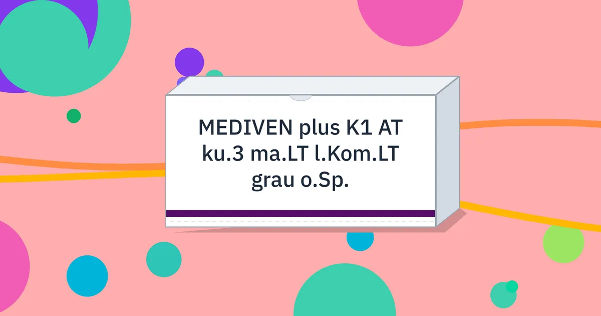 Symbolbild: Packung mit der Aufschrift MEDIVEN plus K1 AT ku.3 ma.LT l.Kom.LT grau o.Sp. (PZN 18943469) – Verfügbarkeit und Bezug in Apotheken in Frankfurt am Main