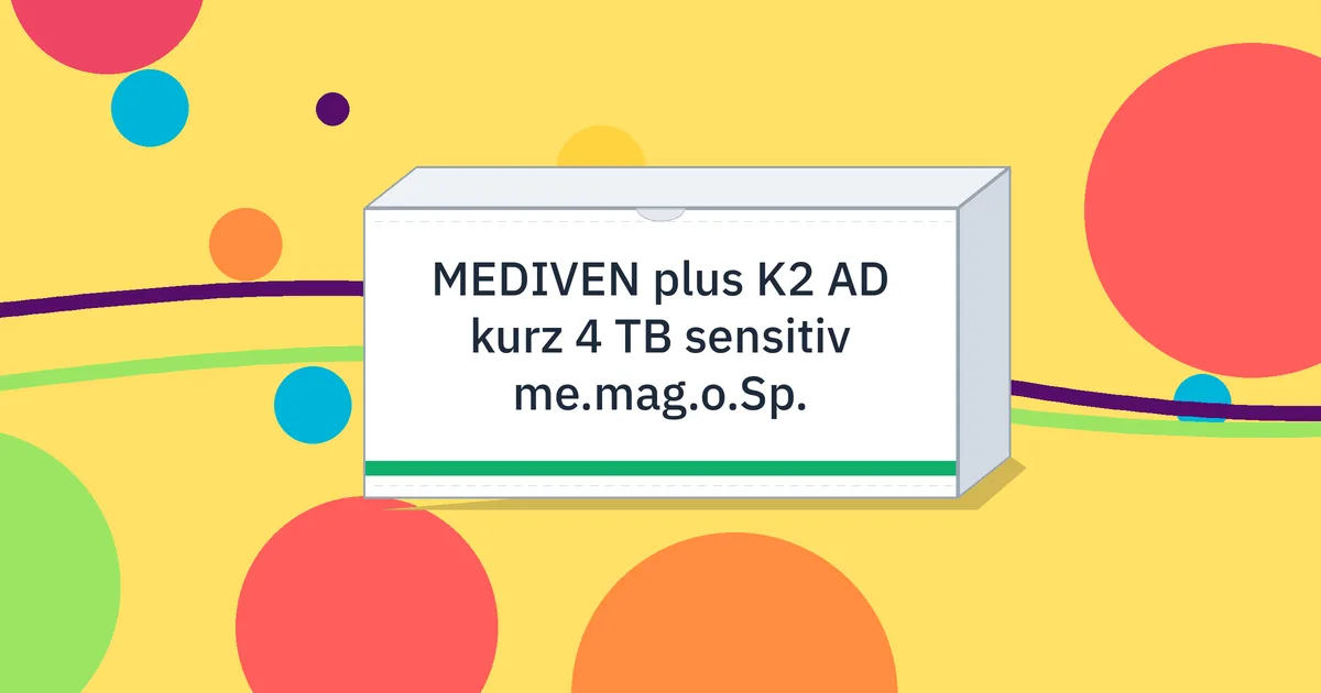 Symbolbild: Packung mit der Aufschrift MEDIVEN plus K2 AD kurz 4 TB sensitiv me.mag.o.Sp. (PZN 15106477) – Verfügbarkeit und Bezug in Apotheken in Frankfurt am Main