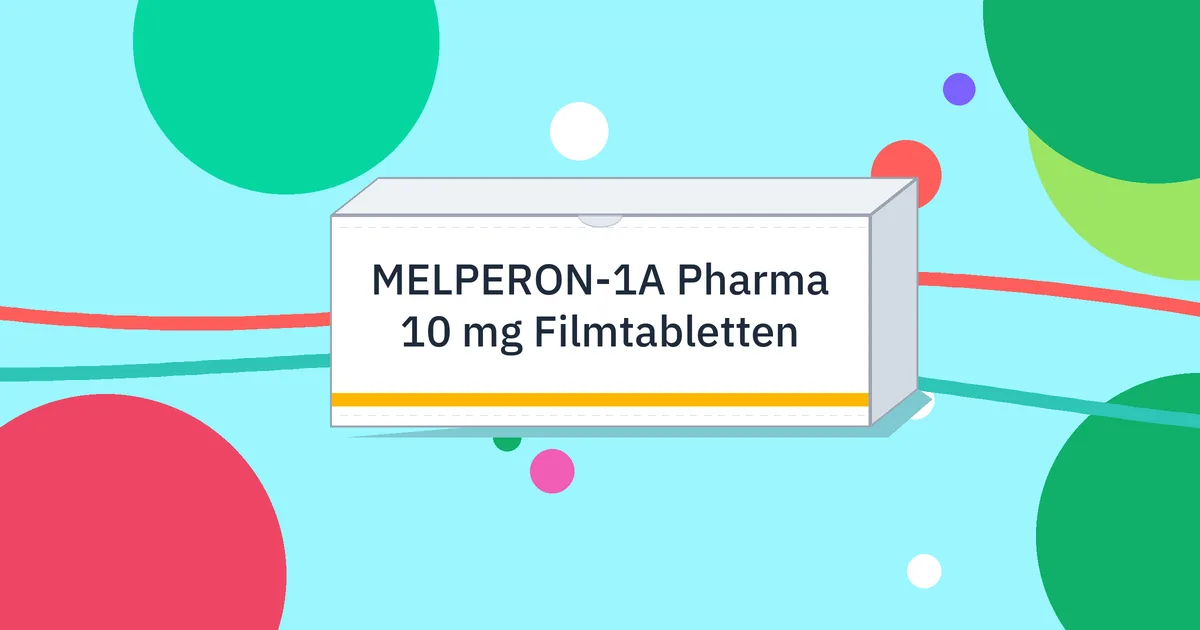 Symbolbild: Packung mit der Aufschrift MELPERON-1A Pharma 10 mg Filmtabletten (PZN 18330488) – Verfügbarkeit und Bezug in Apotheken in Frankfurt am Main